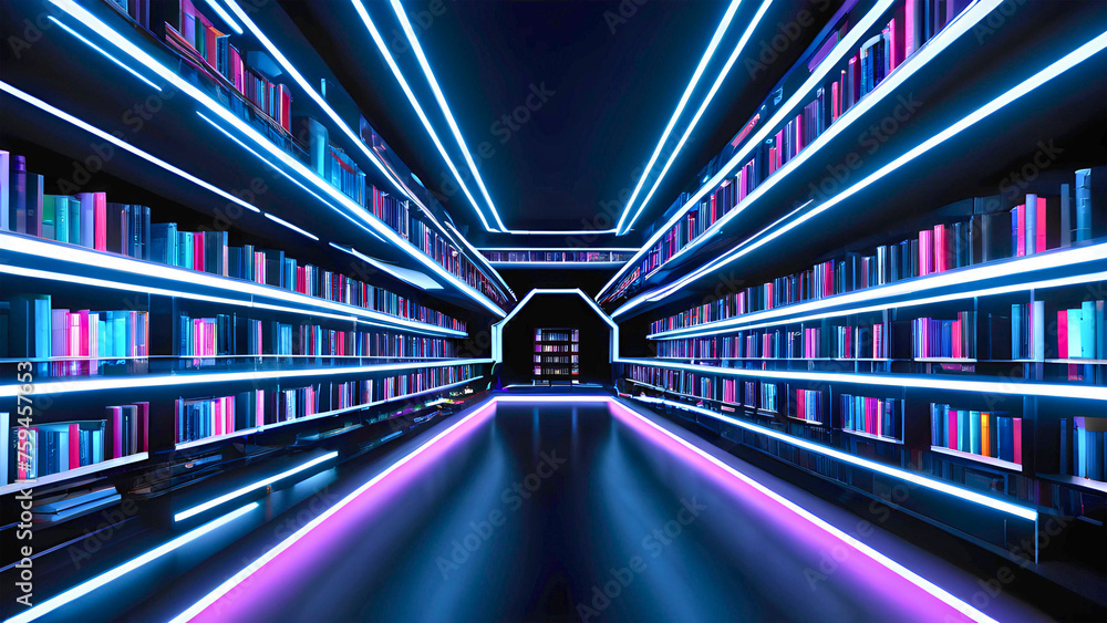 A colorful library with long corridor in futuristic neon style and copy ...