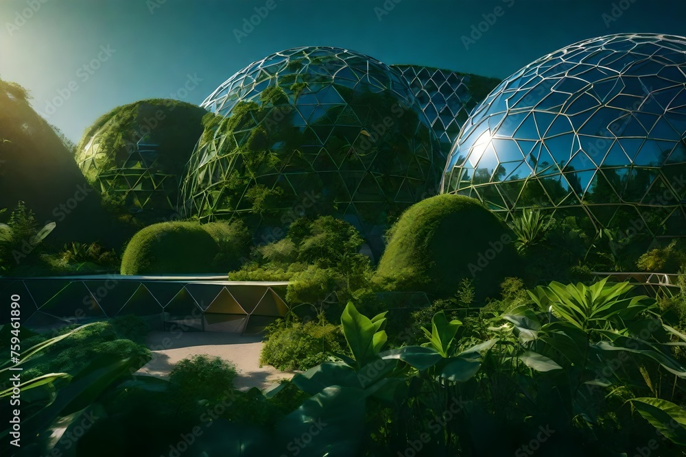 Futuristic geodesic dome ecological architecture with vegetation. Eco-friendly concepts. Eco ...