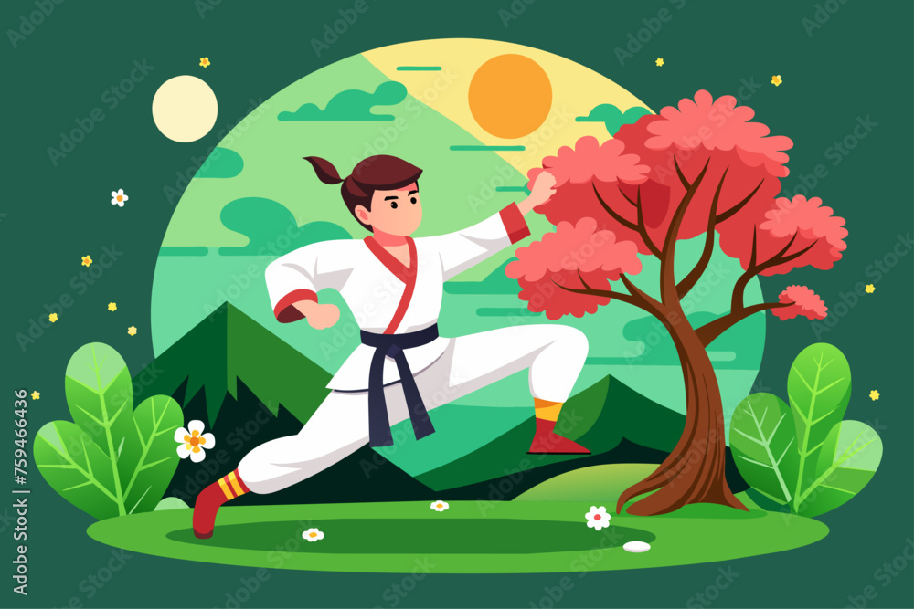 A karateka strikes a pose in front of a dramatic tree-lined background ...