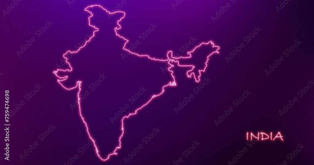INDIA outline map with neon glowing lines on dark background ...