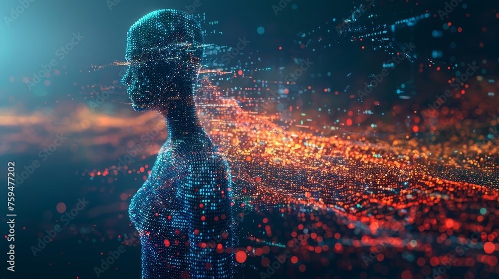 A surreal depiction of a digitalized human profile amidst a sea of ...