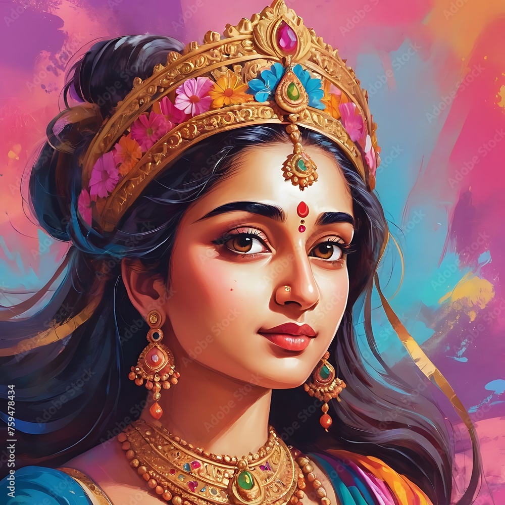 Colorful Oil Painting of Goddess Radha: Holi Festival Concept, Isolated ...