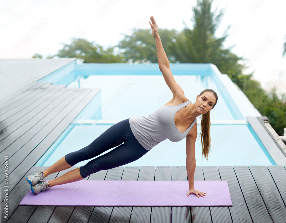 Fitness, relax and pool deck with balance, yoga mat and exercise by ...