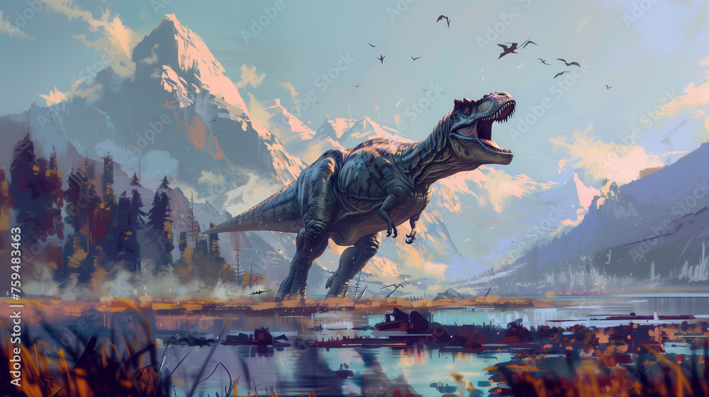 2D painting of T-Rex Dinosaur on the mountian and hill landscape ...