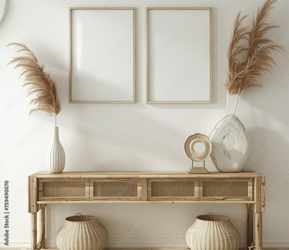 An empty, blank poster frame on the wall of frames in natural wood ...