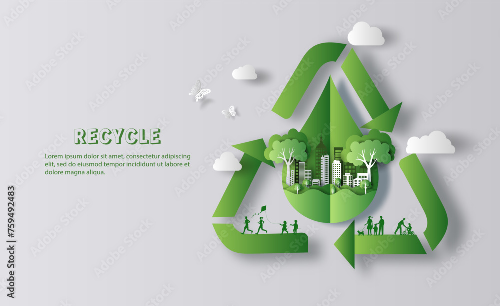 Recycle Symbol, many people doing activities, enjoy their life in a ...