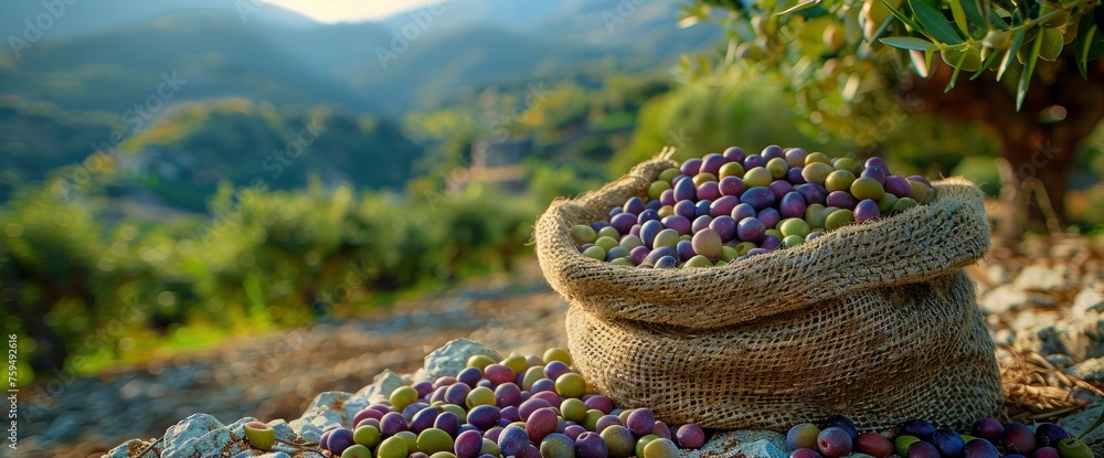 A pic from distance, of an olive harvest bag made of mesh fabric ...