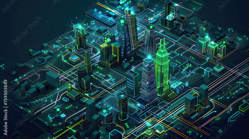 Neon Metropolis: Smart City Map with Futuristic Infrastructure. Digital ...