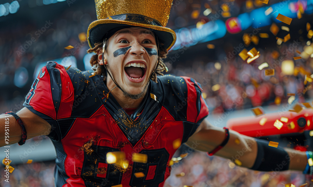 Professional football player celebrating the league win, wearing gold ...
