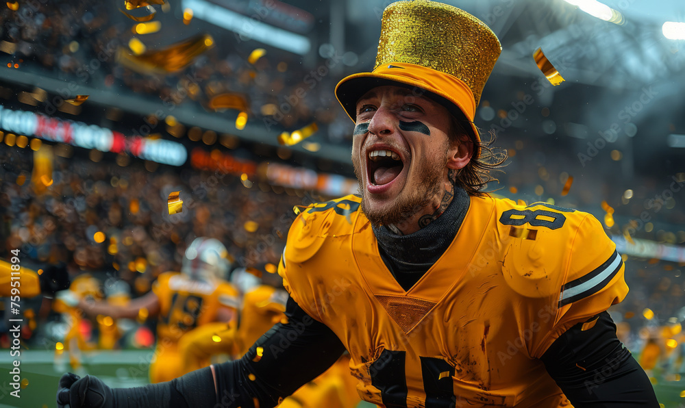 Professional football player celebrating the league win, wearing gold ...