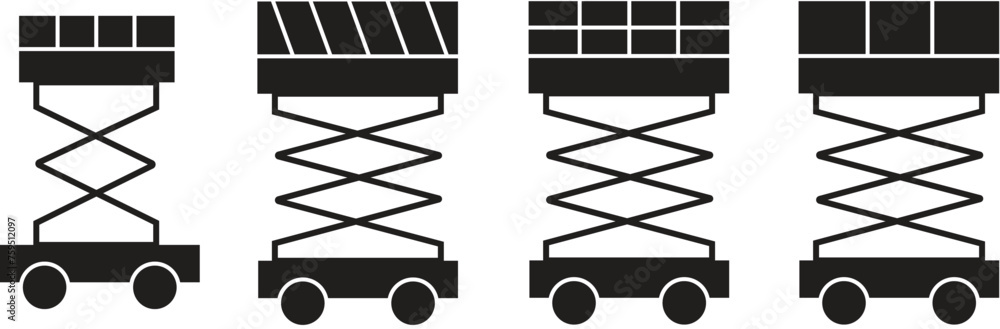 Set of Scissors lift icons in Fill styles. Lifting machine symbols ...
