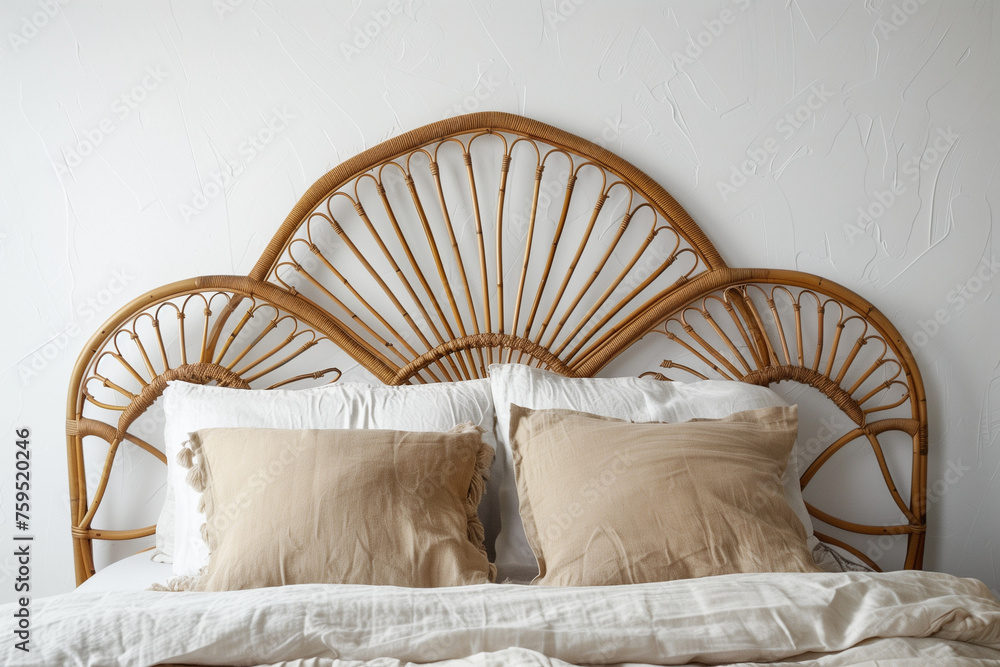 Close up of an elegant rattan headboard against white wall, boho style ...
