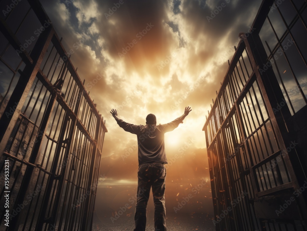 The happy prisoner is released from prison and he greets freedom with ...