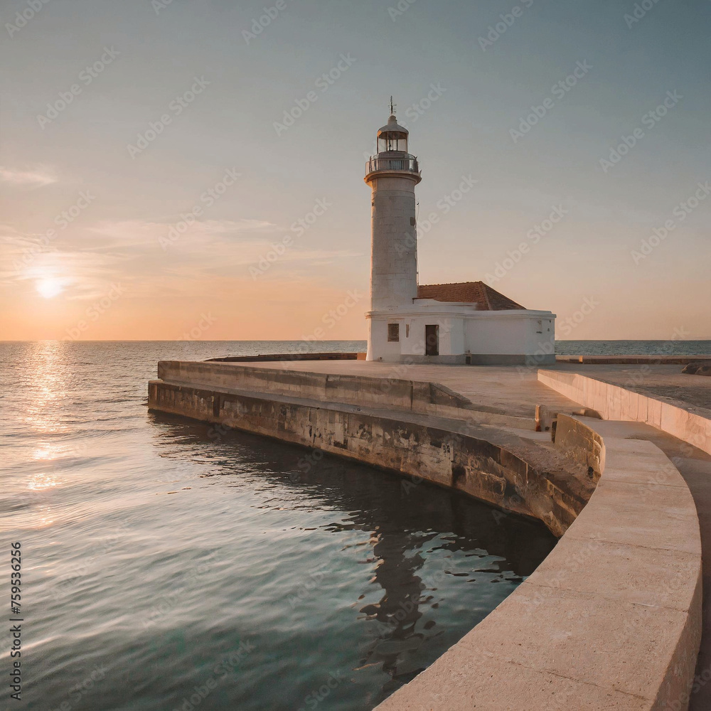 석양지는 이쁜 등대가 있는 바다 Stock Illustration | Adobe Stock
