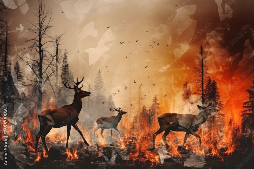 Two deer stand alert in front of a blazing fire, symbols of animals ...