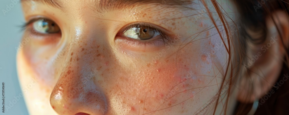 Close-Up Skin Analysis. Asian Woman Displays Redness, Fine Lines ...