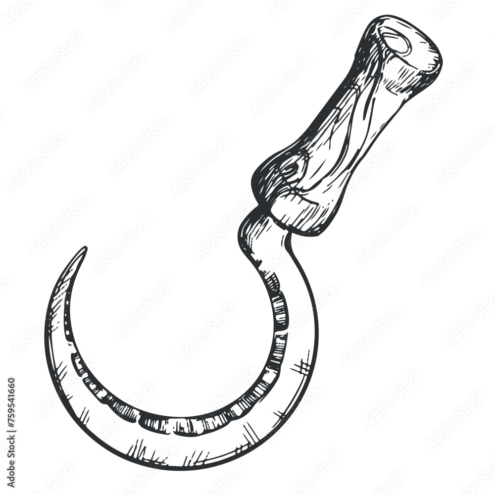 Linear ink drawing of sickle icon. Vector sickle for cutting herb ...