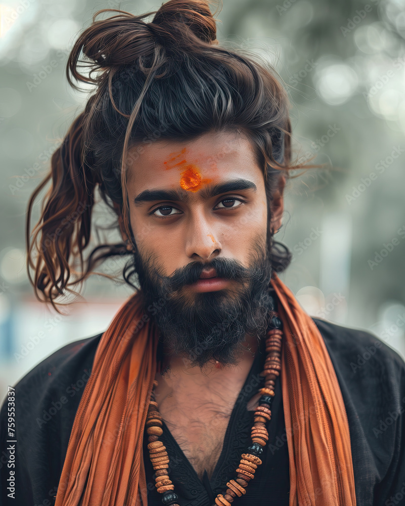 Religious Indian young man wearing a black with saffron attire looking ...