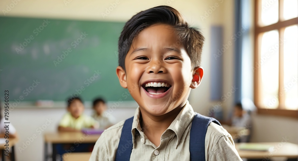 Portrait of elementary school filipino kid boy laughing hysterically on ...