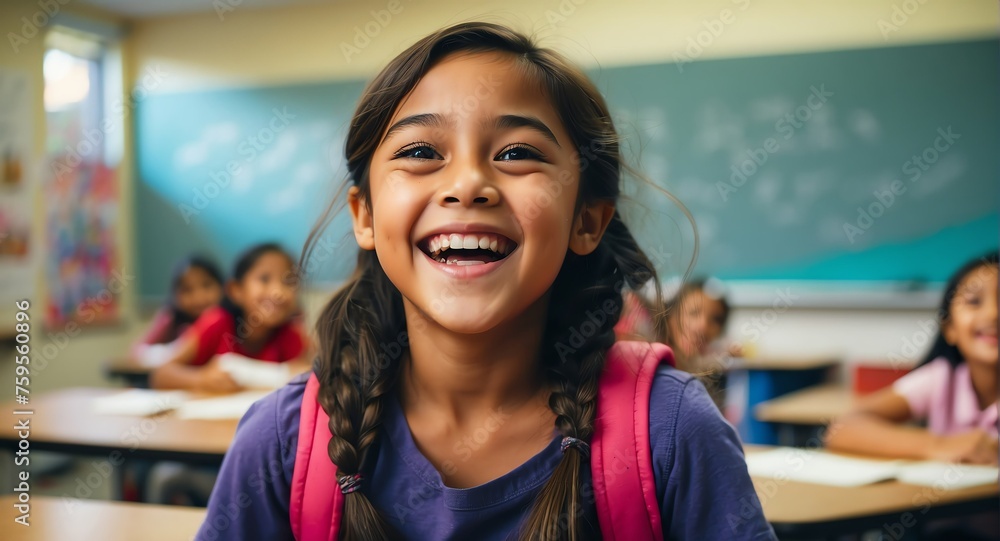 Portrait of elementary school immigrant kid girl laughing hysterically ...