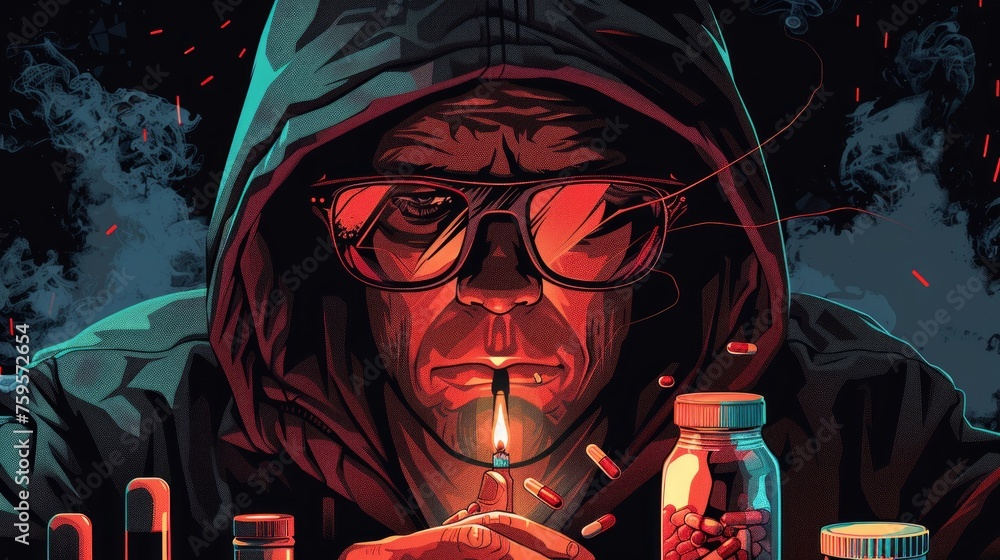 comic, cartoon style Drug dealer with Many types of drugs lying on ...