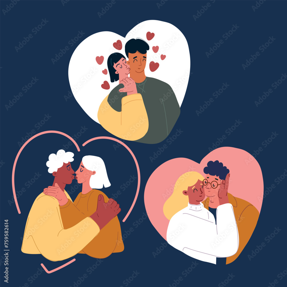 Cartoon vector illustration of young romantic couple is kissing and ...