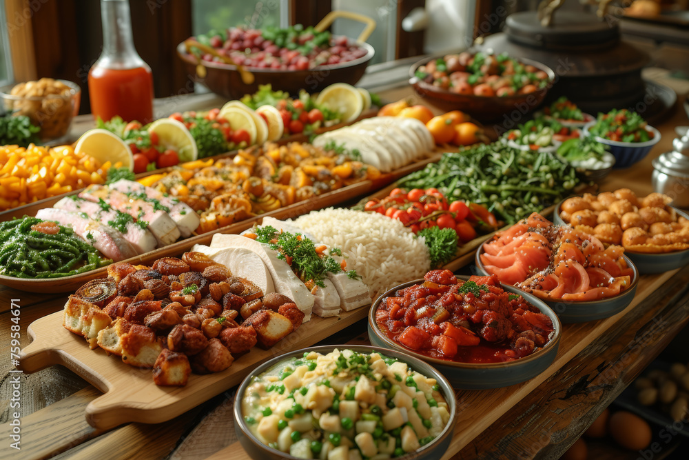 A multicultural potluck gathering with a diverse spread of dishes from ...