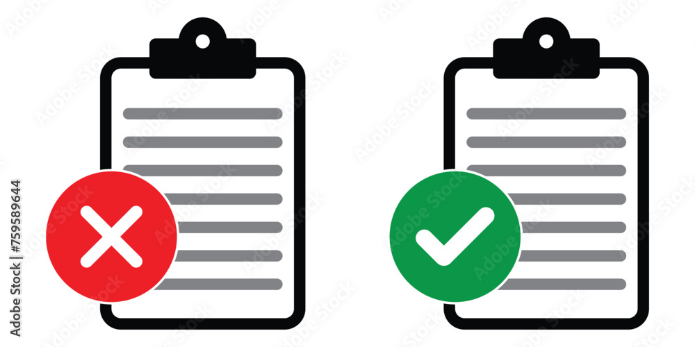 approved and rejected document icon. Clipboard with document, red cross ...