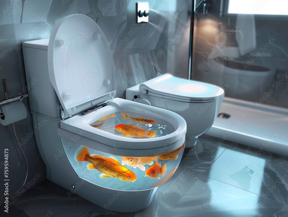 Toilet bowl with a 3D illusion of goldfish. A modern bathroom featuring ...