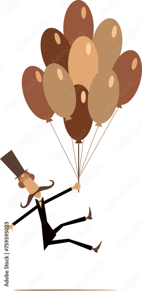 Cartoon man in the top hat flights on air balloons. Comic long mustache ...
