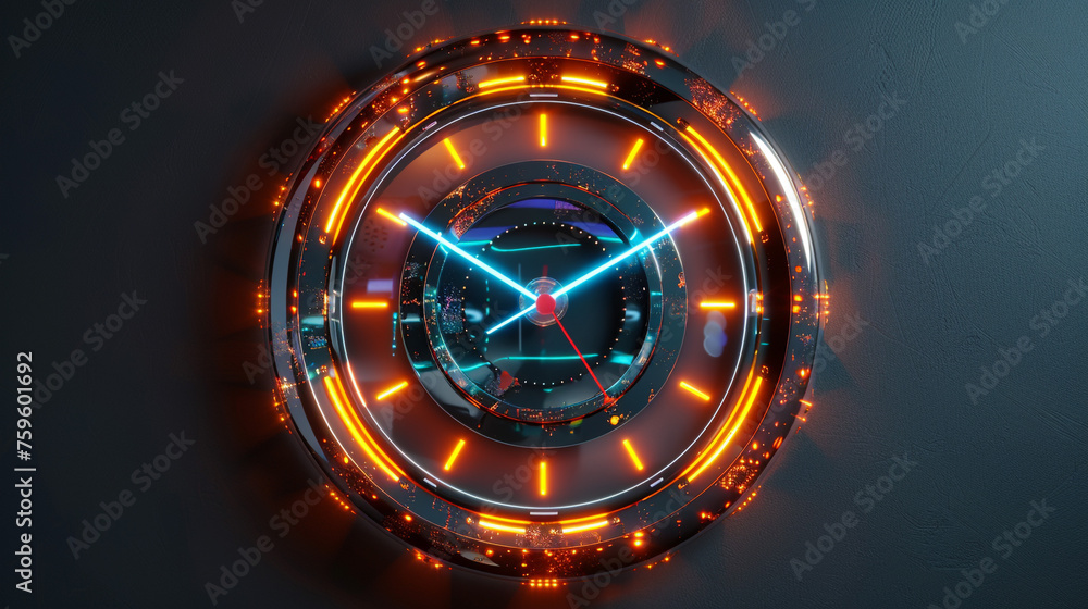 Futuristic digital wall clock displaying time with LED brilliance on a ...