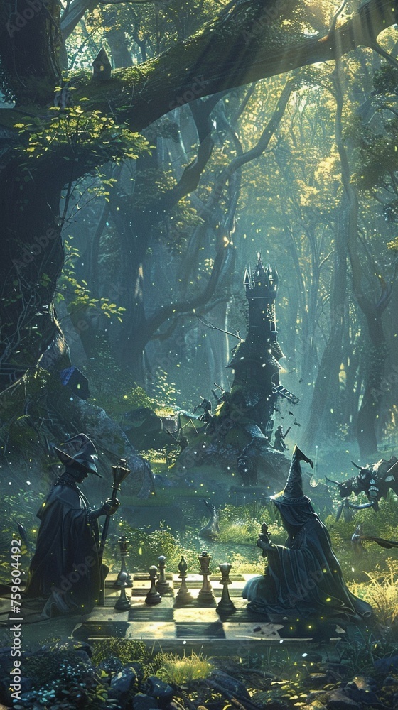 Wizards playing chess with enchanted life-sized pieces in a magical ...