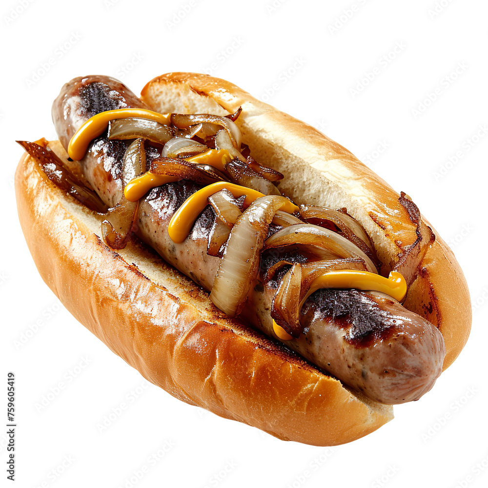 front view of delectable Wisconsin Beer Brats with sautéed onions and ...