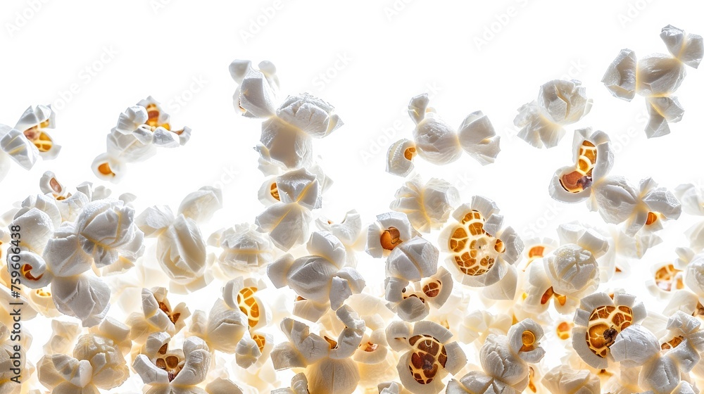 High-speed capture of popcorn kernels mid-explosion against a stark ...
