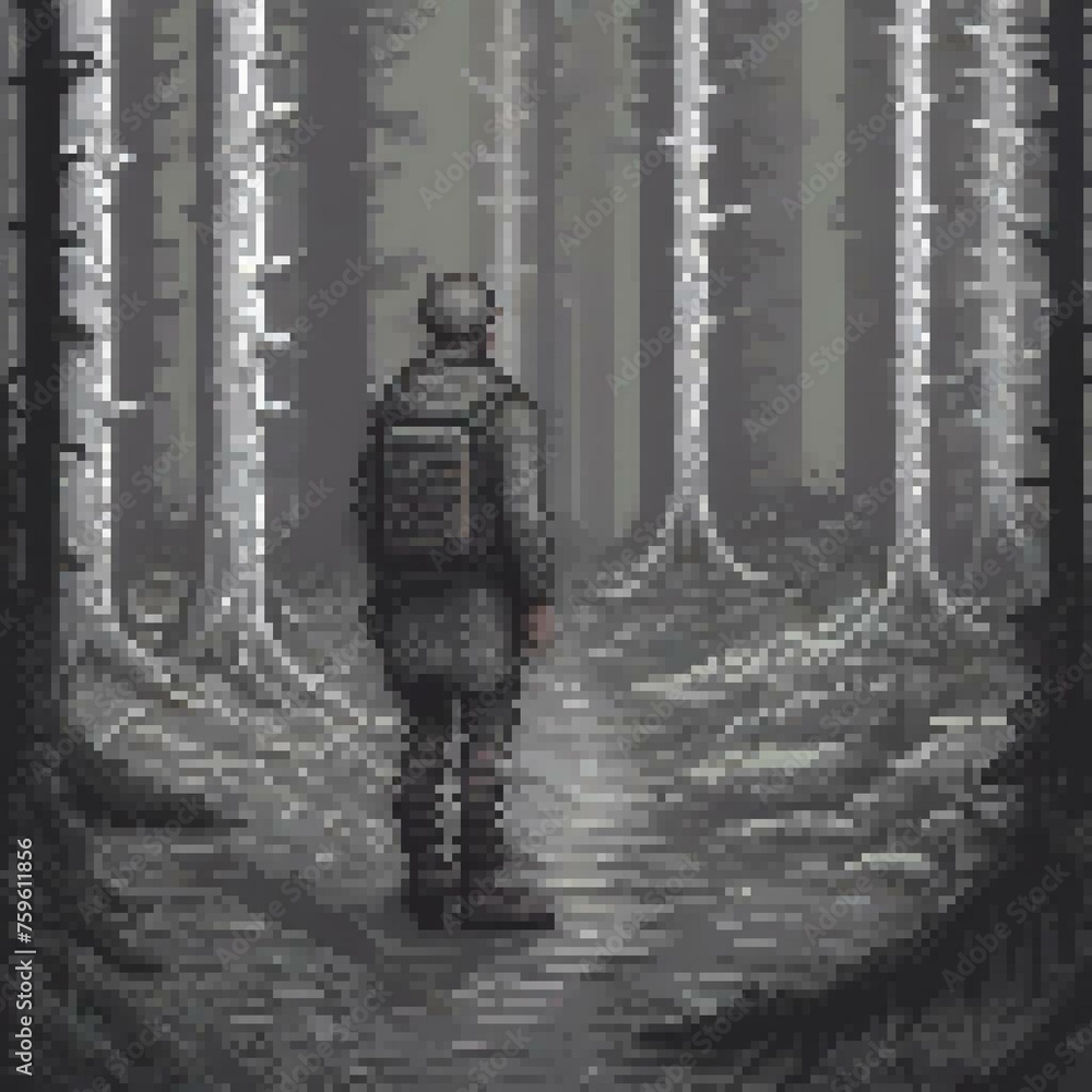 pixel art of a man standing in the middel of a scandinavian forest ...