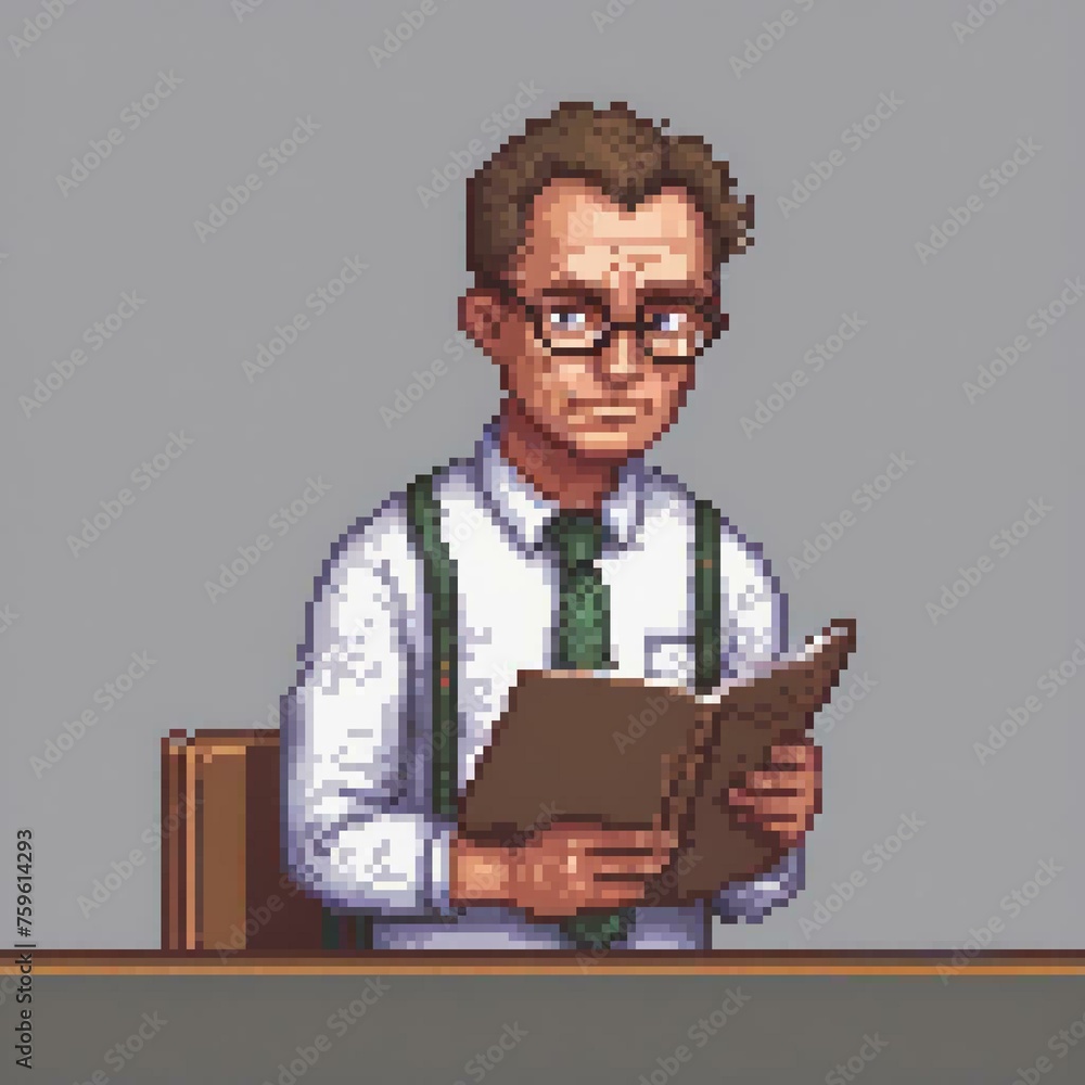 pixel art of a male teacher wearing glasses reading a sheet of paper ...