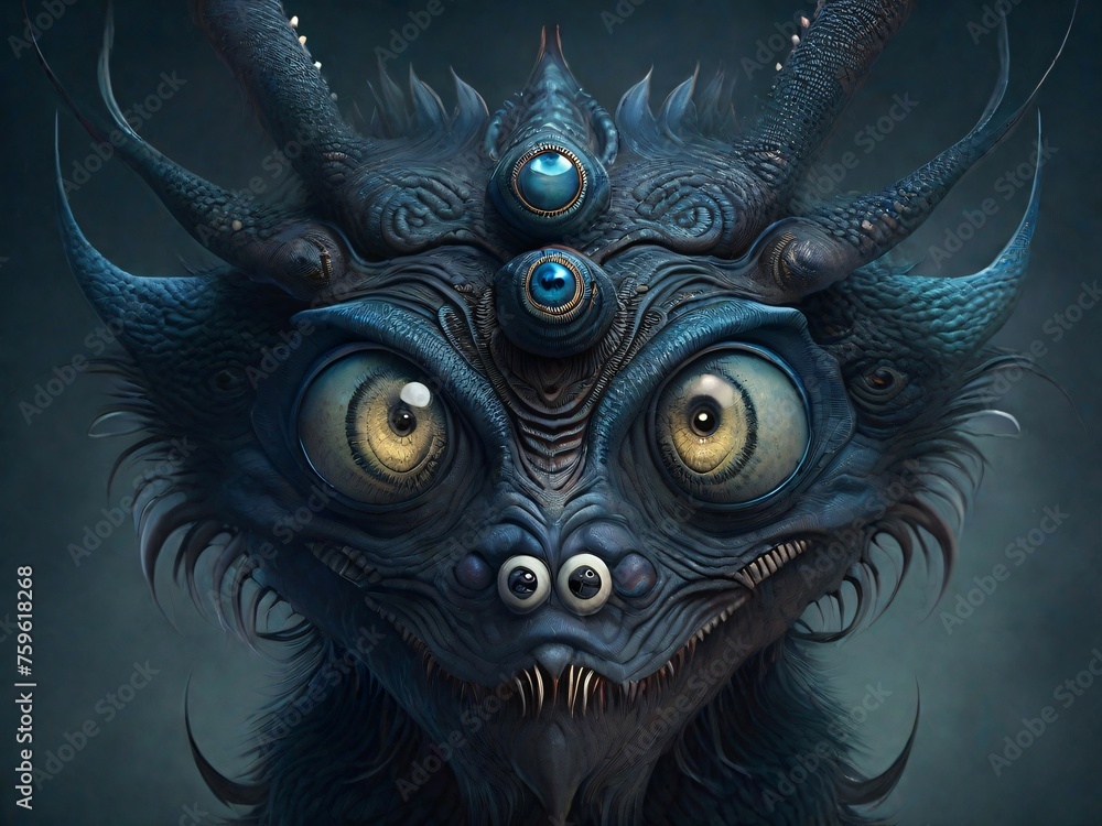 Blue Creature With Multiple Eyes Arranged Vertically And Sharp Teeth, A ...