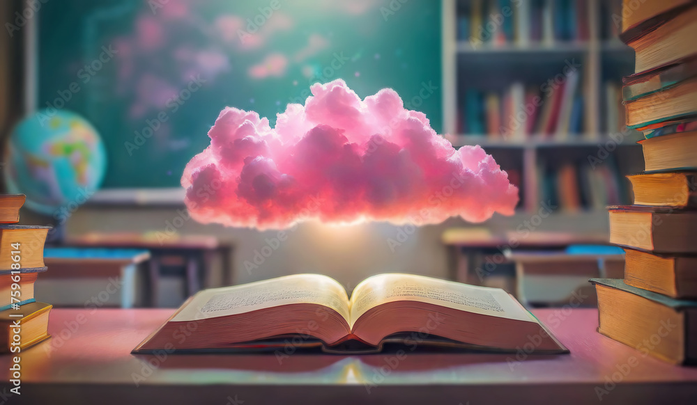Pink cloud above an open book in the classroom. Education conceptual ...