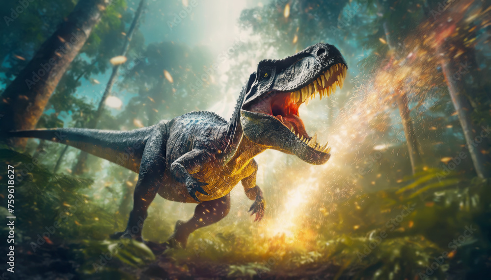 Ferocious T-rex running out of the jungle as comets keep falling on the ...