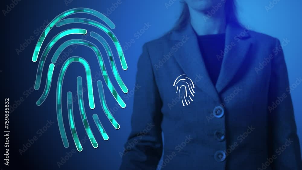 A woman touches a point on a transparent screen with her thumb, on ...