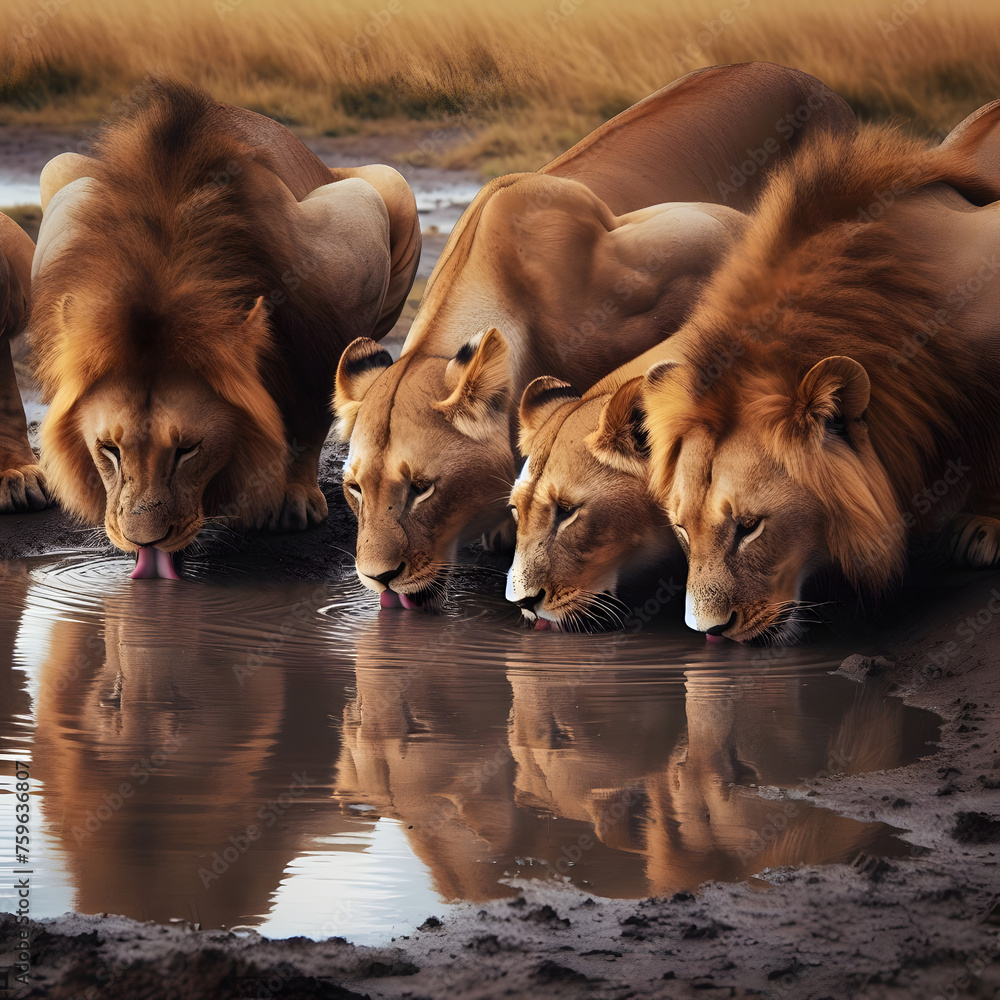 Male and female lion drinking water in Etosha Game Reserve. Pride of ...