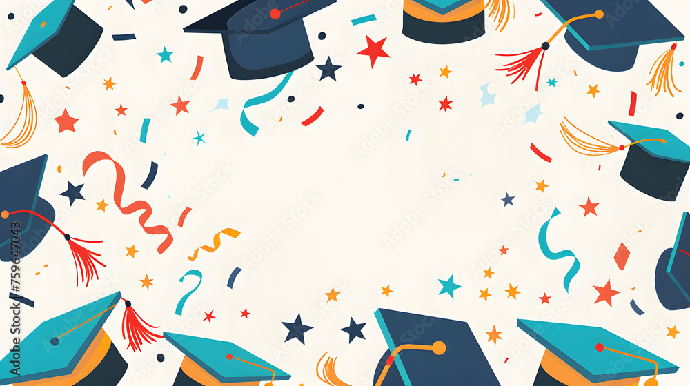 A group of graduation caps and colorful streamers are scattered on the ...