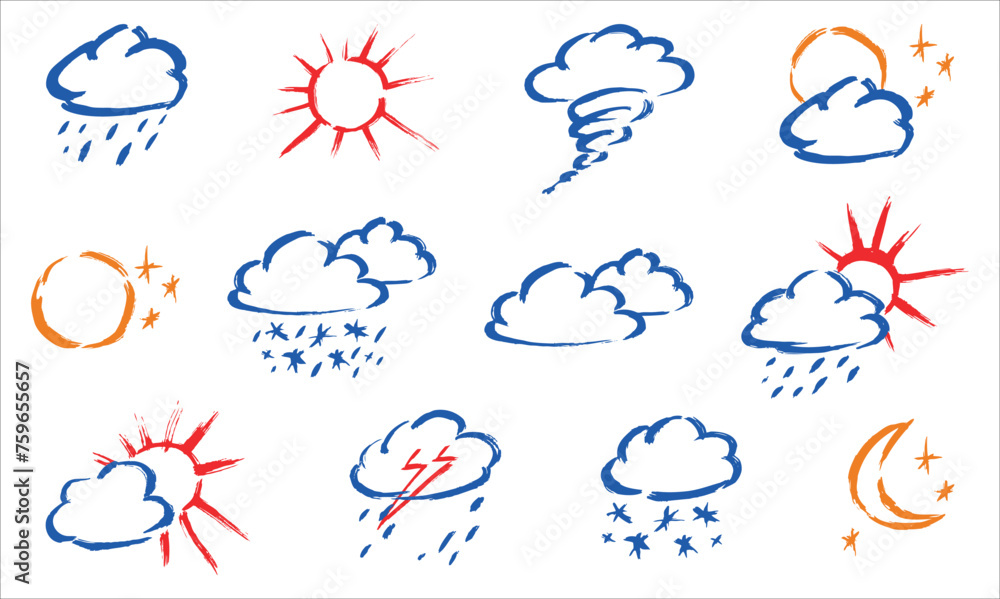 Weather symbols, sun, clouds, precipitation, climate, snow, rain, hail ...