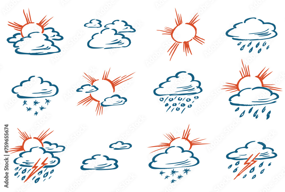 Weather symbols, sun, clouds, precipitation, climate, snow, rain, hail ...