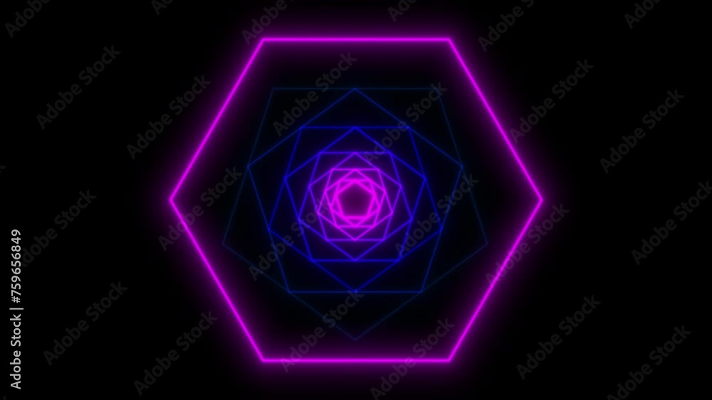 Animated neon glowing hexagon frame. Colorful laser show seamless loop ...