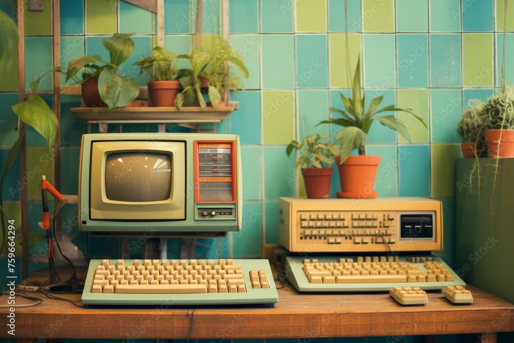 Vintage computer system, retro pc technology, old office equipment for ...