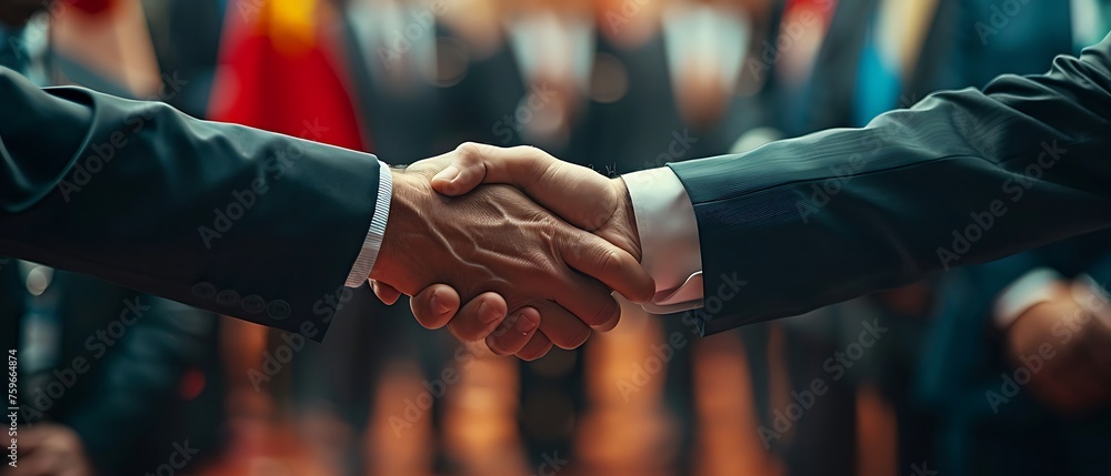 International Leaders Shake Hands Against Summit Backdrop Stock Photo ...