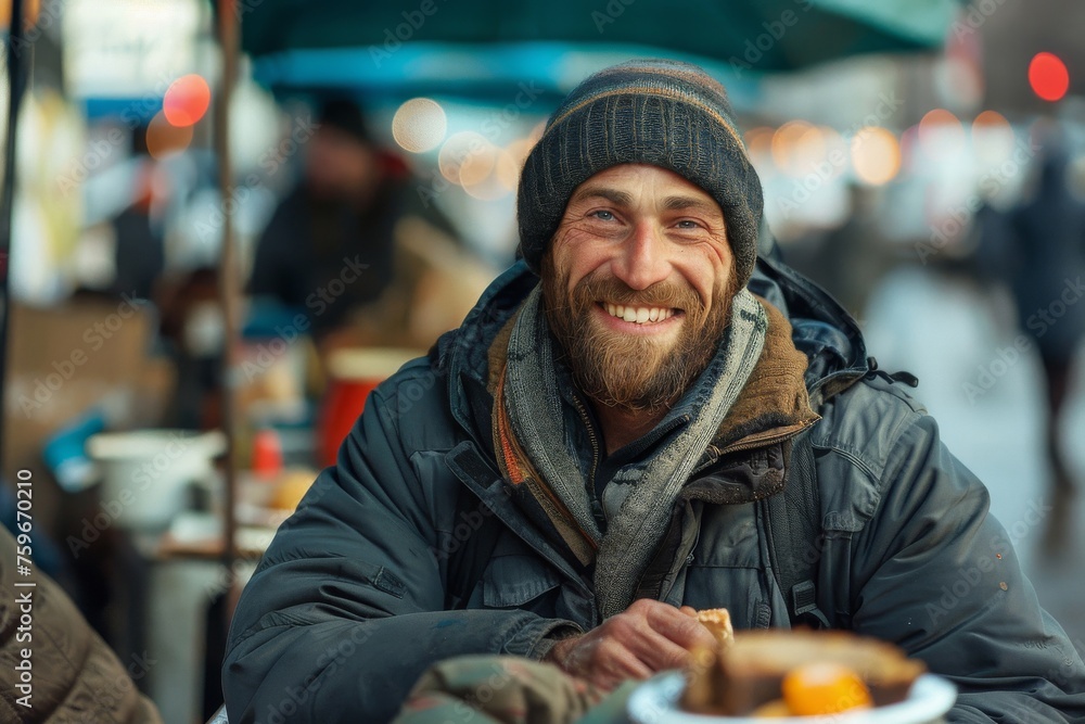 Homeless man enjoying a meal with a smile, under the city lights ...