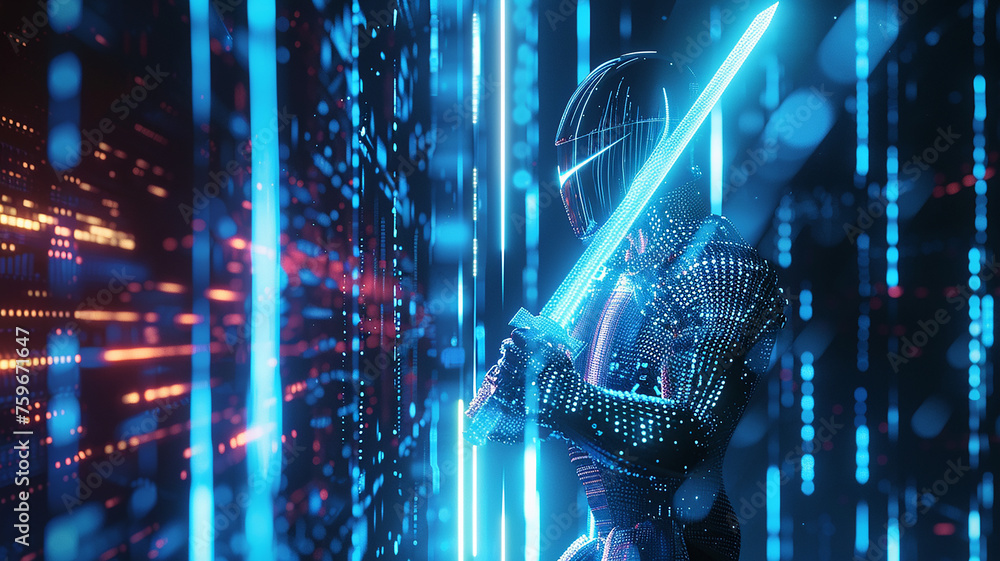 A 3D, clean, and surrealistic portrayal of a cyber warrior wielding a ...