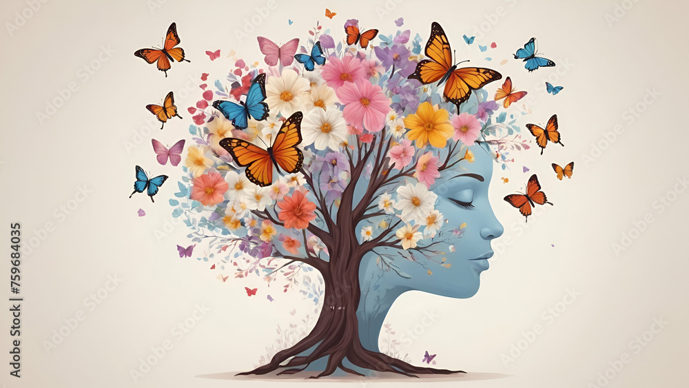 Human mind with flowers and butterflies growing from a tree, Mental ...